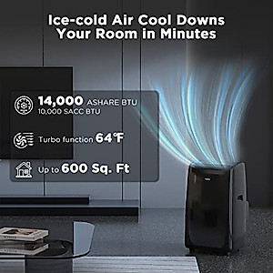 TURBRO 14,000 BTU Smart WiFi Portable Air Conditioner, Powerful Cooling Up to 600 Sq Ft, 3 in 1 Functions with Backlit Remote, Supports Alexa Voice Control, Easy Installation, Greenland Series, Black (10,000 BTU SACC)