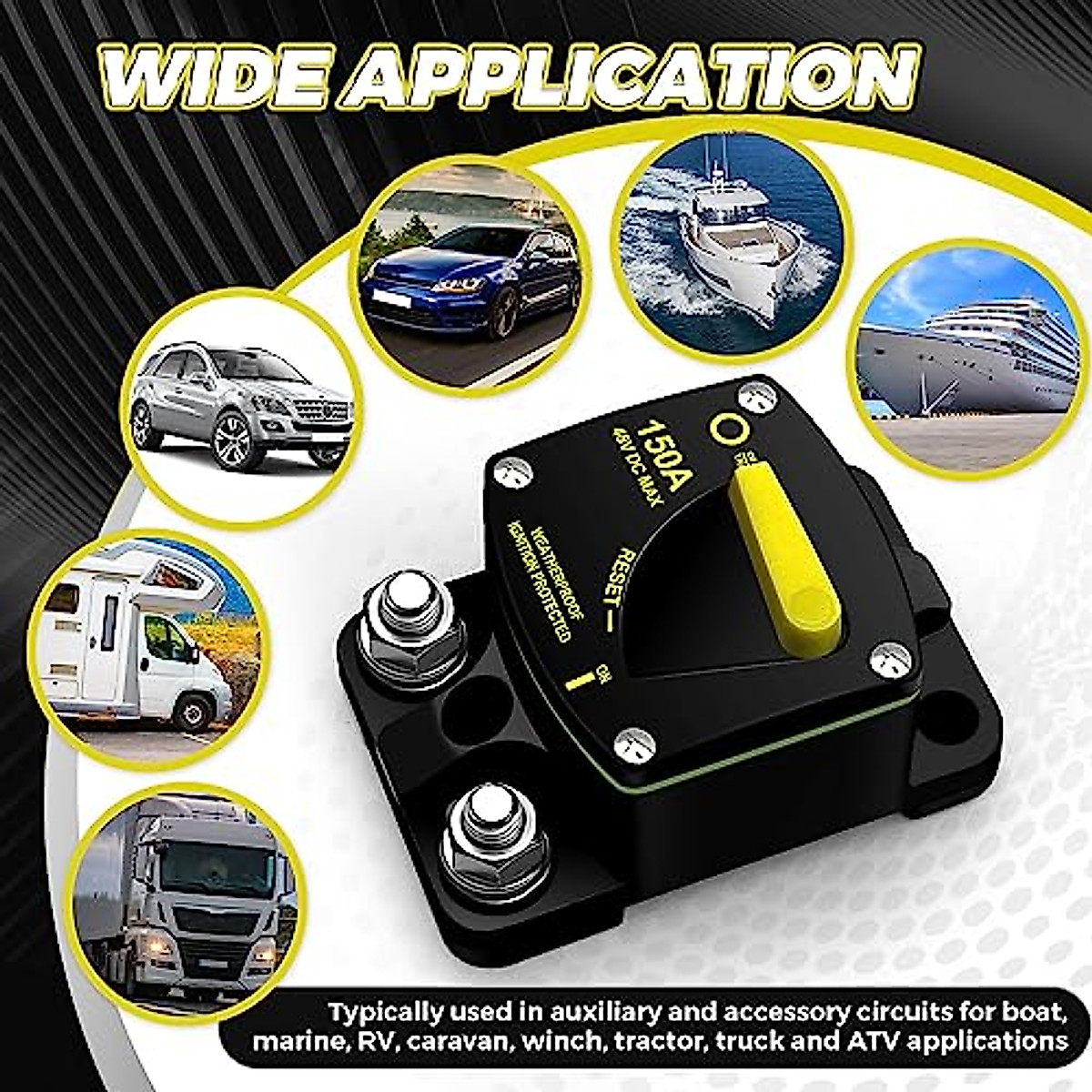 BULVACK 150 Amp High Amp Marine Rated Circuit Breaker for Boat Trolling Motor with Manual Reset Switch, Water Proof, 12V- 48V DC