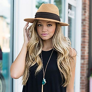 DRESHOW Women Panama Hat Fedora Beach Sun Wide Brim Straw Roll up Hat UPF 50+