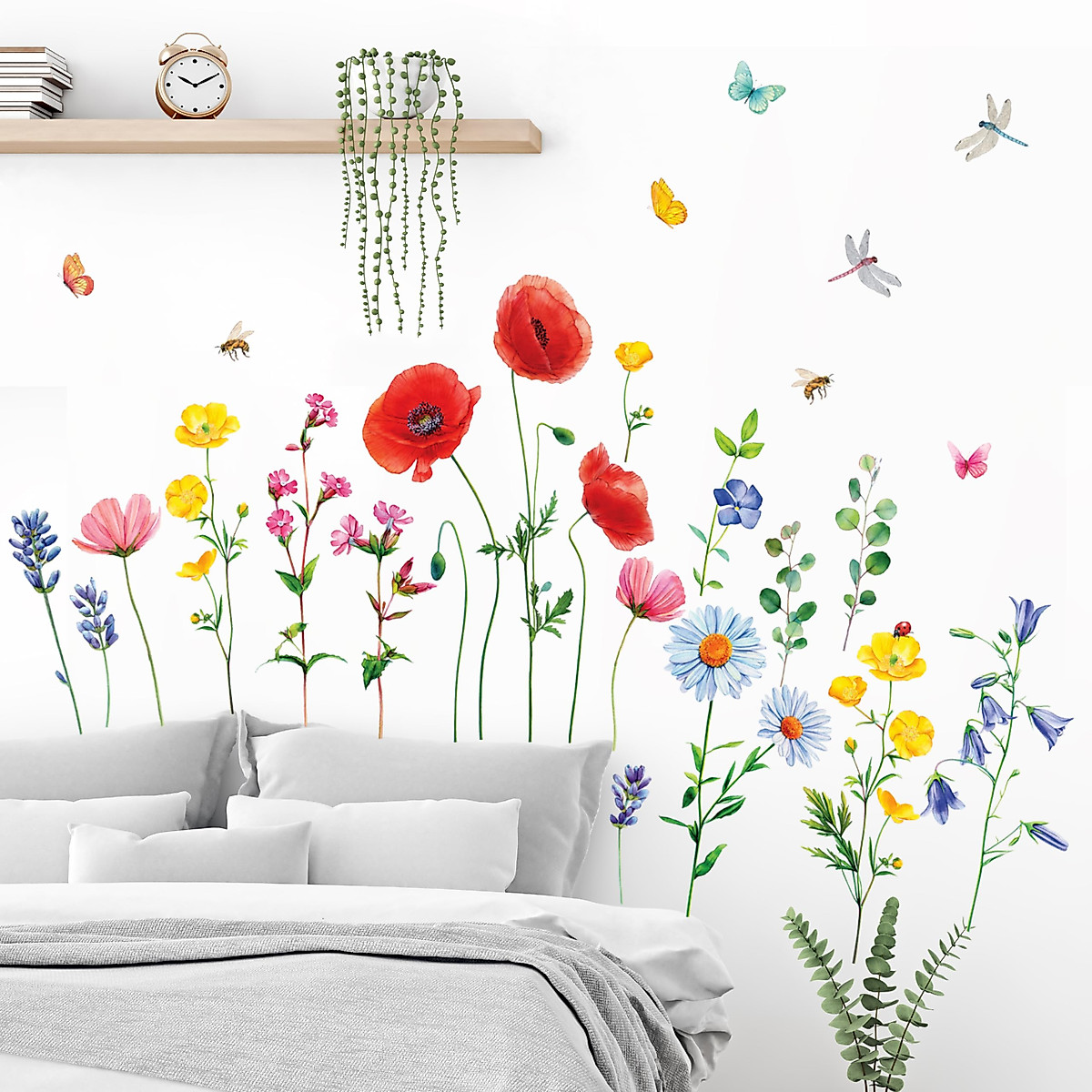 DECOWALL SG-2103 Wild Flower Wall Stickers Floral Plant Butterfly Decals Removable for Nursery Bedroom Living Room Art Home Decor murals Decoration