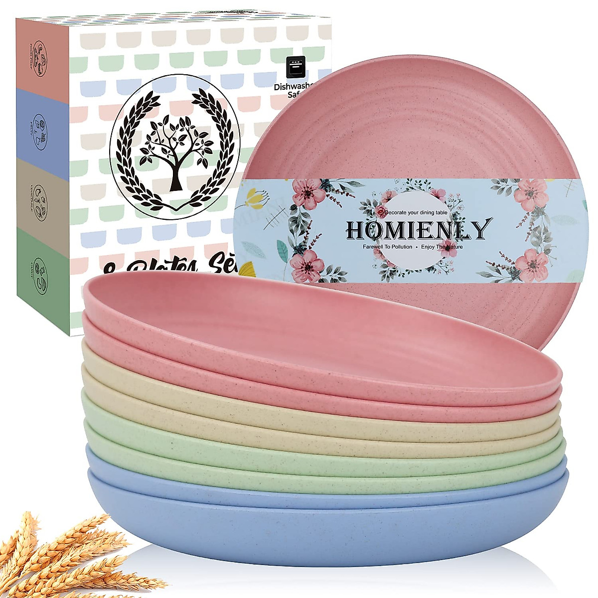 Homienly Deep Dinner Plates Set of 8 Alternative for Plastic Plates Microwave and Dishwasher Safe Wheat Straw Plates for Kitchen Unbreakable Kids Plates with 4 Colors (Fresh Light, 10 inch)