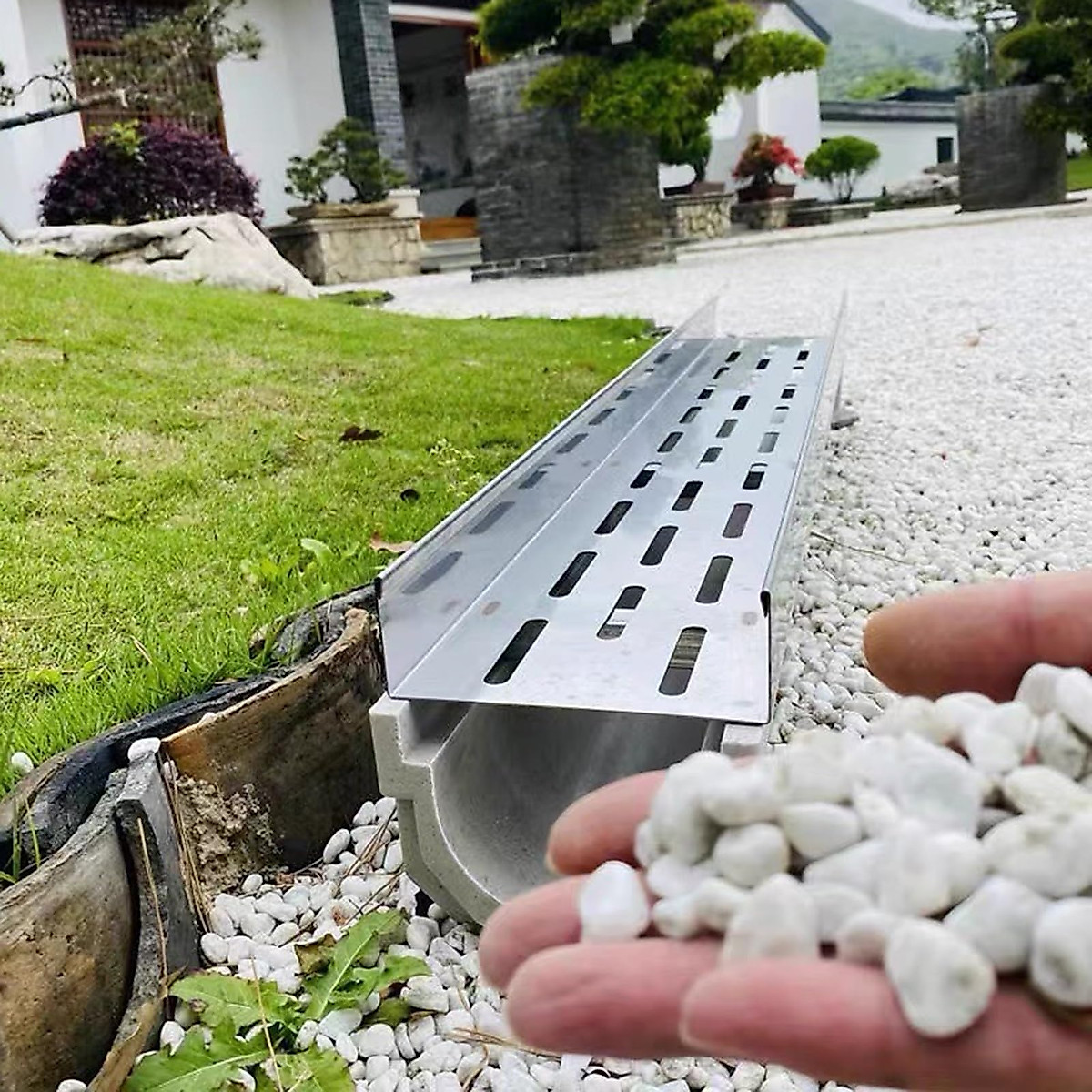 Blazea Garden Trench Drain System, Functional & Decorative Channel Drain Kit with Grate, Floor Drain Drainage Pipe for Bath/Garage/Yard(Size:20x25cm(7 7/8x9 7/8"))