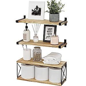 WOPITUES Floating Shelves Wall Mounted, Wood Bathroom Shelves with Extra Storage Shelf, Rustic Wall Shelves for Bathroom, Bedroom, Kitchen, Living Room, Plants - Light Brown