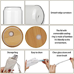 Tisovixo Can Glass Drinking Glasses with Bamboo Lid and Glass Straw 4pcs Set, 16oz Drinking Glass Can Shaped Cups,Beer Can Glasses,Tumbler Cup for Ice Coffee, Cocktail, Whiskey, Iced Tea,Wine