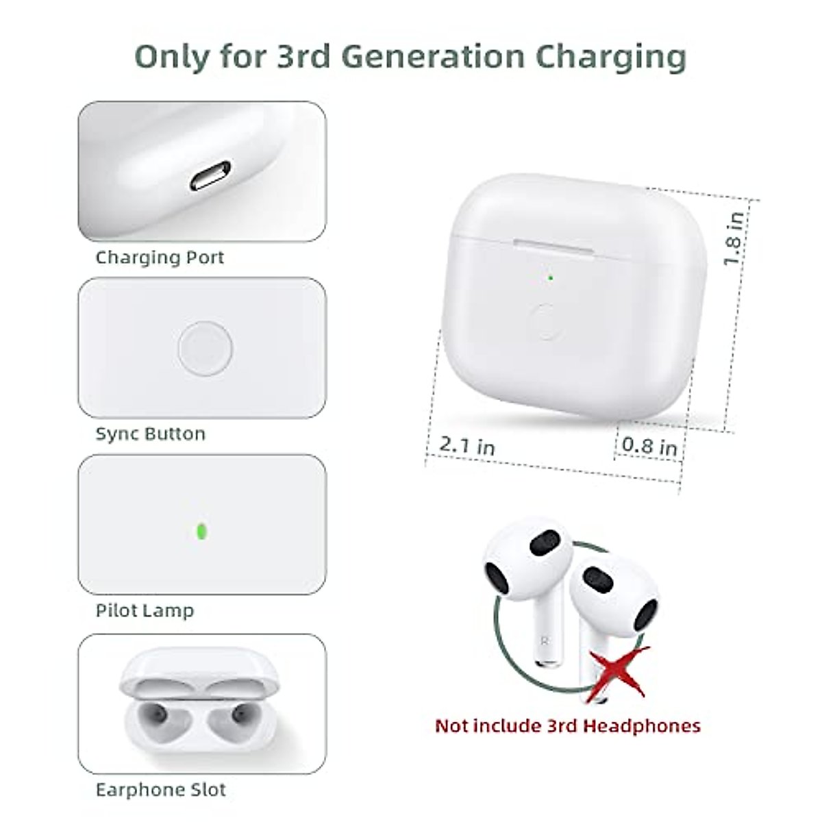 Jinstyles Upgraded Wireless Charging Case Compatible with 3rd Generation, Case Replacement Compatible for 3rd Generation, Wireless Charger Case Air Pods 3 with Bluetooth Pairing Sync Button, White