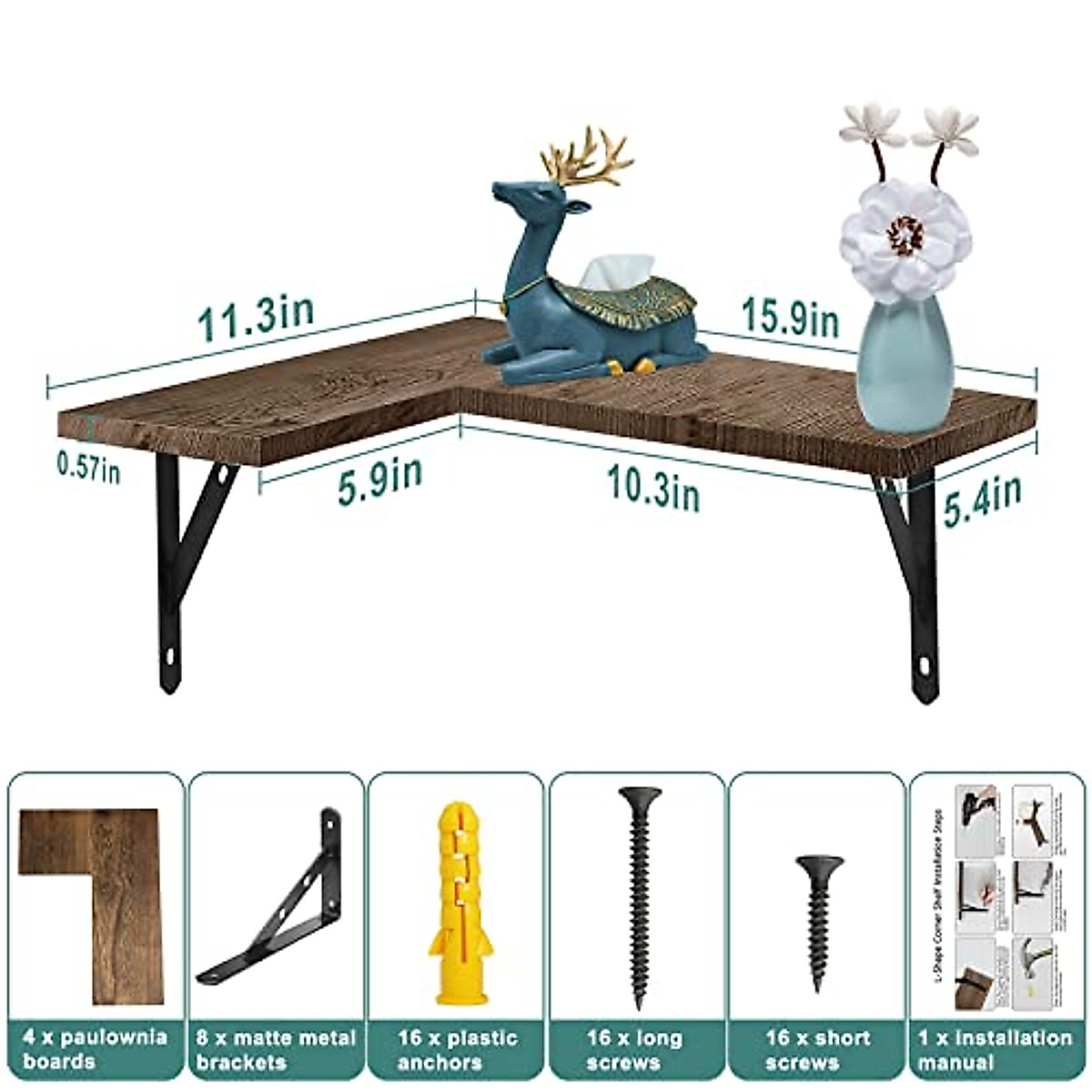 YSBYWSYR Corner Floating Shelves Wall Mounted, Set of 4 Rustic Wood Hanging Shelf for Bedroom, Living Room, Bathroom, Kitchen, Office and More