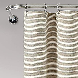 Lush Decor Beige Linen Woven Cotton Shower Curtain, Farmhouse Button Stripe, Yarn Dyed (72" x 72")