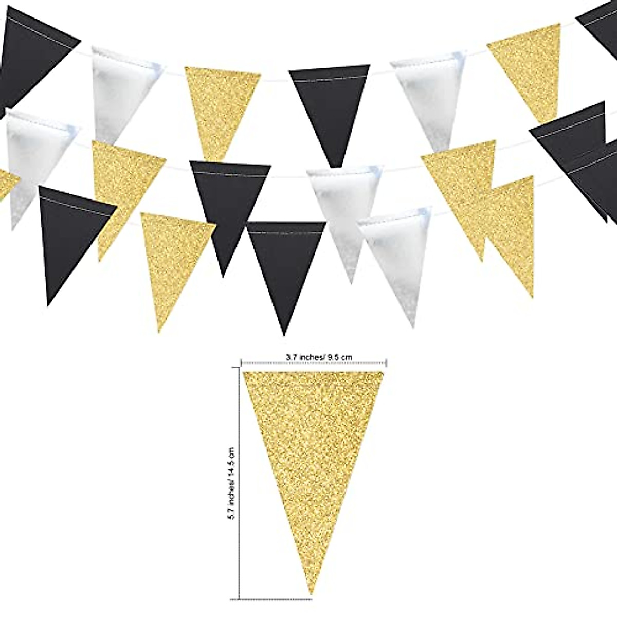 Triangle Flag Bunting Banner, MerryNine 3 Pack 30 Feet Vintage Style Pennant Banner for Wedding, Baby Shower, Event & Party Supplies 78pcs Flags (Triangle Flag - Black Silver Gold Glitter)