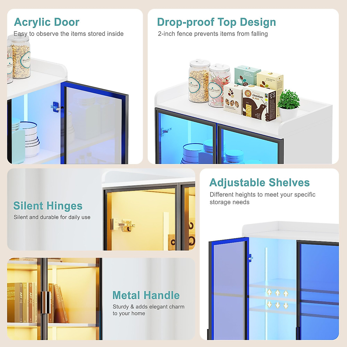 Lvifur Tall Storage Cabinet up to 70", LED Kitchen Pantry Cabinet with Human Body Induction, 5 Tier Bookcase Display Cabinet with Adjustable Shelves for Living Room Office (White)