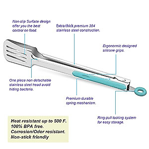 Premium 304 Stainless Steel Barbecue Turners, Heavy Duty Non-Stick BBQ Cooking Kitchen Tongs, 9" and 12" Aqua Sky