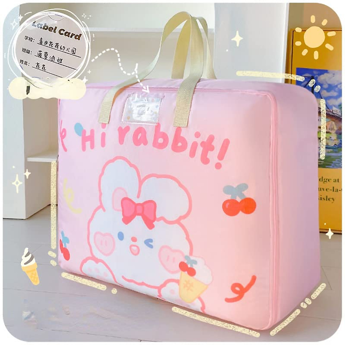 Kawaii Water Resistant Thick Over Size Storage Bag, Cute Aesthetic Cartoon Print Folding Organizer Bag, Under Bed Storage Carrying Bag with Reinforced Handle for Bedding Comforters (Yellow,Large)