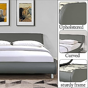 Queen Size Leather Upholstered Platform Bed Frame with Comfortable Headboard and Footboard, Modern Curve Design Platform Bed with Sturdy Bed Frame/Wood Slats Support/Easy Assemble for Bedroom (Grey)