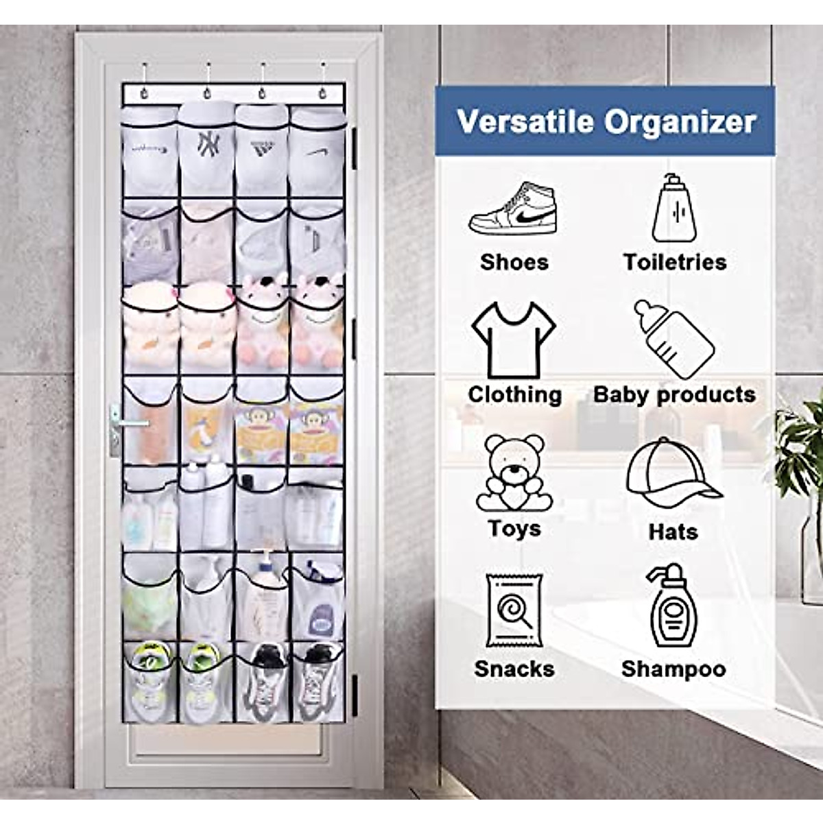 MISSLO 28 Large Pockets Over The Door Shoe Rack Hanging Shoe Organizer for Closet Door Shoe Storage Holder Mesh Hanger, White