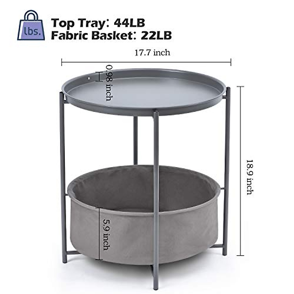 TOOLF End Table, Metal Nightstand, Coffee Round Table, Sofa Side Snack Table with Detachable Tray Top and Fabric Storage Basket, Scandi Style Table for Living Room Bedroom (Dark Grey)