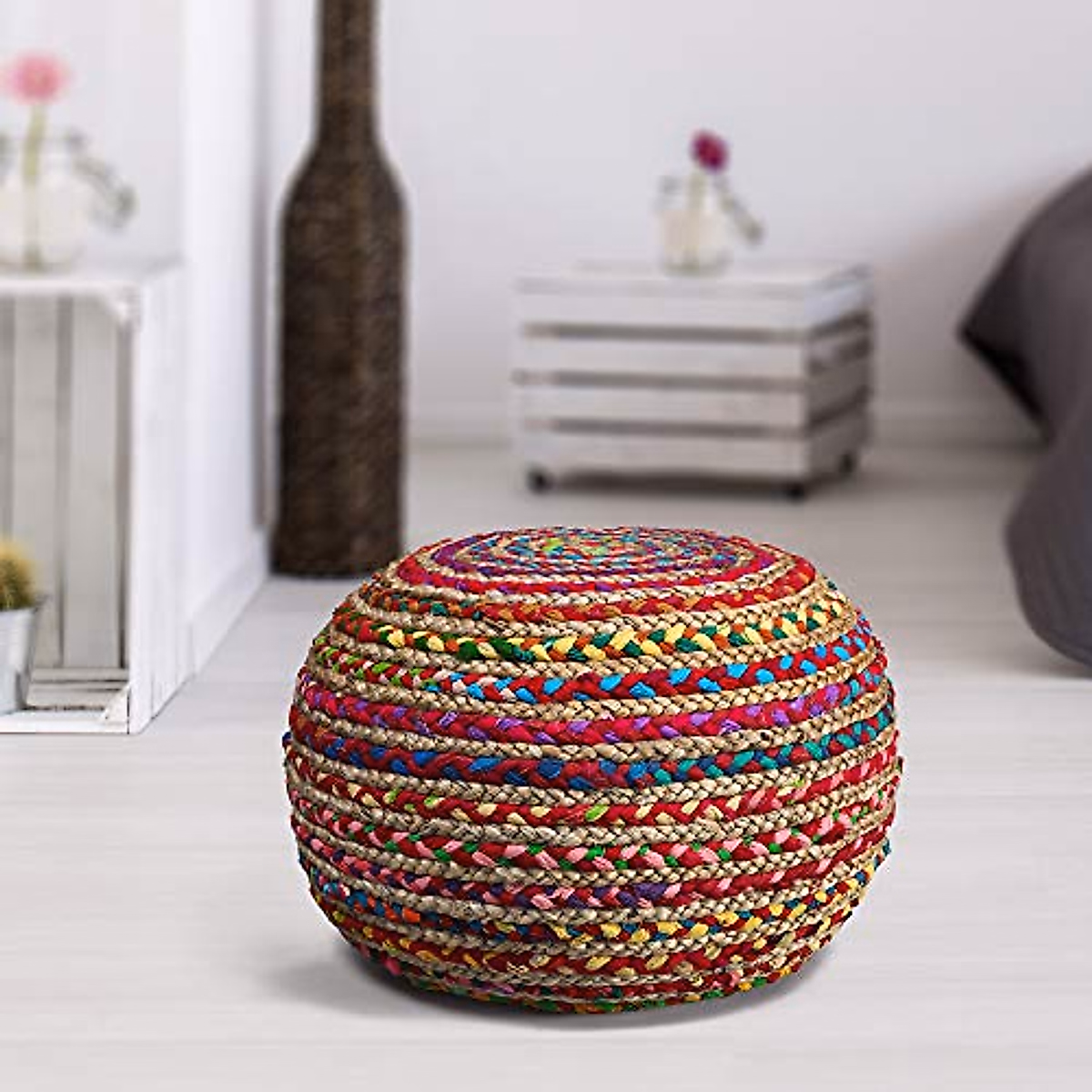 LR Home Resources Boho Beauty Braided Pouf Ottoman, 14" x 20", Multicolor -