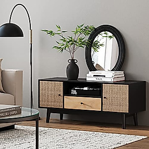 Nathan James Bonnie Modern TV Stand Entertainment Cabinet, Console with a Natural Wood Finish with Storage Doors for Living Media Room, with Drawer, Black Oak/Rattan