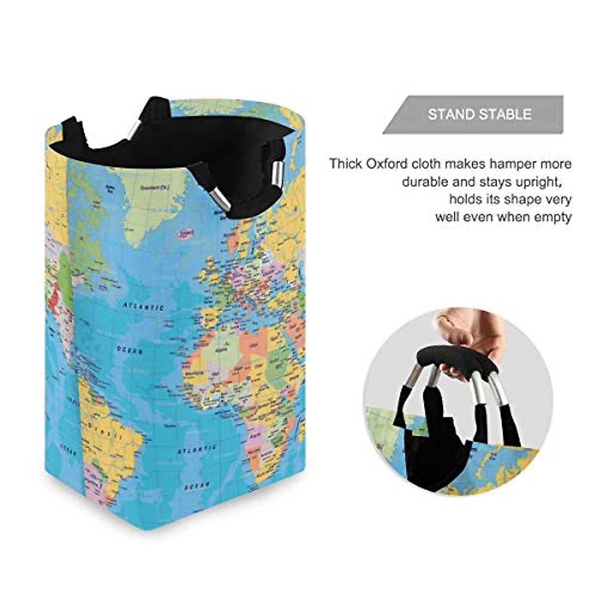 Baofu World Map Laundry Hamper Large Dirty Foldable Clothes Bags Waterproof Durable Lightweight Oxford Round Collapsible Storage Basket Organization with Handles for Home Bathroom Bedroom