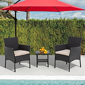 Ruesleag Patio Furniture 3 Pieces Outdoor Wicker Patio Furniture Conversation Set Patio Set Bistro Table Set for Backyard Porch Poolside Garden Balcony Lawn,Glass Coffee Table &RattanChairs Set,Black