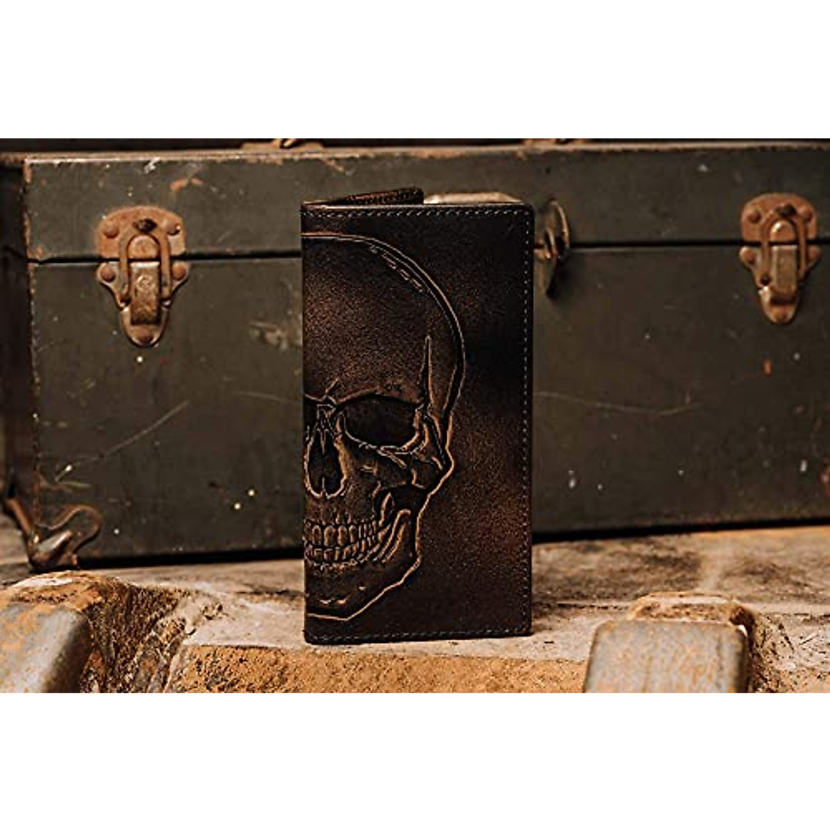 House of Jack Co. SKULL Long Wallet For Men | Full Grain Leather with Hand Burnished Finish | Long Bifold Wallet | Rodeo Wallet | Biker Gift