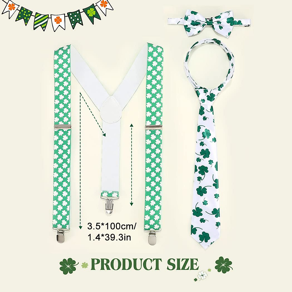 Eyret Green Shamrock Suspender Set St Patricks Day Adjustable Suspenders and Bowtie Irish Clover Necktie Suspenders for Men and Women