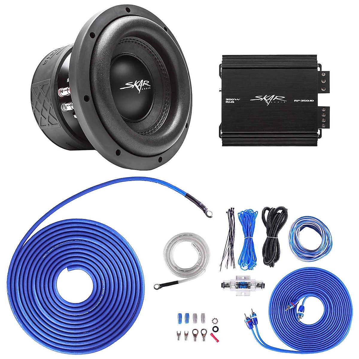 Skar Audio MA-8 D2 Single 8" 400W RMS Subwoofer Package with RP-350.1D Amplifier and 8 Gauge OFC Amp Wiring Kit