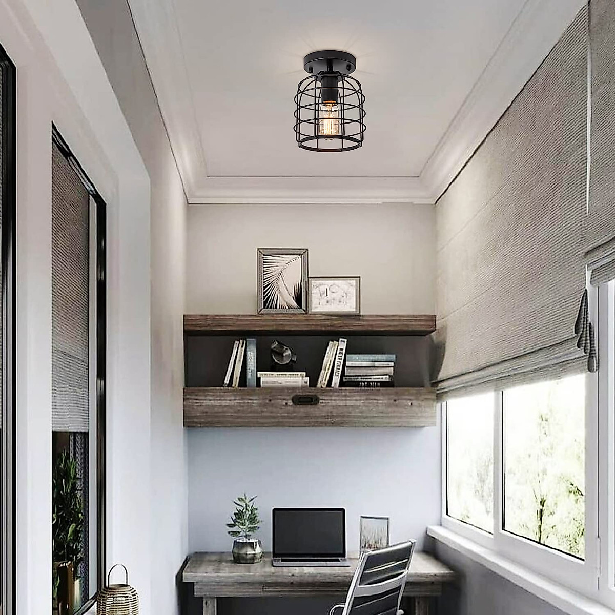 Industrial Black Semi Flush Mount Ceiling Light, Farmhouse Mini Cage Ceiling Lighting Fixture, Vintage Caged Ceiling Lamp for Entryway, Kitchen, Bedroom, Laundry Room, Hallway, Dining Room