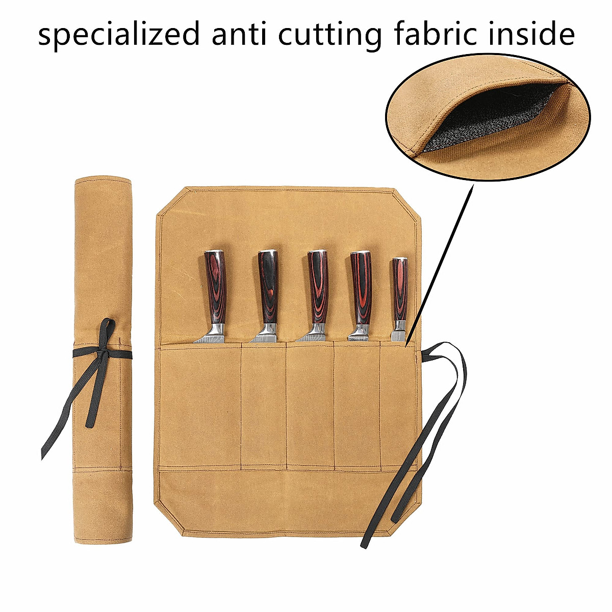Knife Cases Organizer-Durable Waxed Canvas With Cut Resistant Lining -knife Roll 5 Pockets (Khaki-One)