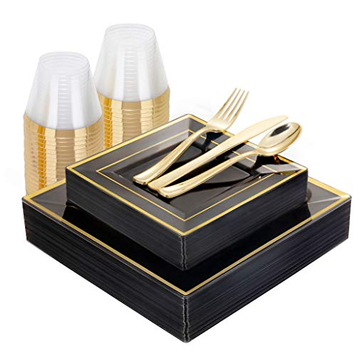 WELLIFE 150 PCS Clear Black Plastic Plates, Disposable Silverware and Cups, Gold Square Plastic Dinnerware, 25 Dinner Plates, 25 Dessert Plates, 25 Cups, 75 Gold Cutlery for Party and Weddings