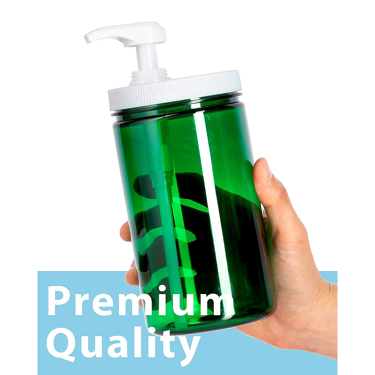 JUVITUS 32 oz Green Plastic PET Refillable Jar (BPA Free) with Heavy Duty Twist Lock Cream Lotion Pump (4 pack)