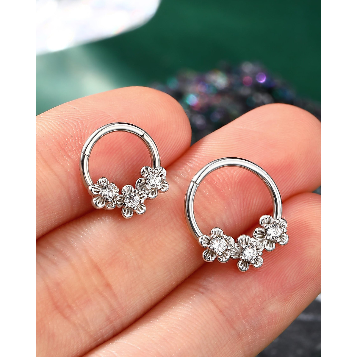 COCHARM 16g Flower Cute Daith Piercing Jewelry Surgical Steel Clear CZ Daith Earrings Hypoallergenic Septum Rings for Women