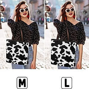 Cow Animal Print Large Totes Top Handle Purse Women Shoulder Bag, Black and White Camo Print Tote Bag with Zipper Handbag for Travel School Girls