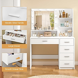 Quimoo Makeup Vanity Desk with Mirror & Lights, Vanity Desk with 5 Drawers & Storage Shelves, Vanity Table, 3 Color Modes & Adjustable Brightness Dressing Table, Bedroom