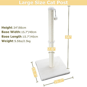 Dimaka 34" Tall Cat Scratching Post for Large Cats and Kittens, High Vertical Scratcher with Premium Natural Sisal Rope and Interactive Hanging Ball for Indoor Cats(Beige, 34 inches)