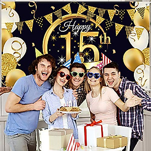 15th Birthday Party Decoration, Extra Large Fabric Black Gold Sign Poster for 15th Anniversary Photo Booth Backdrop Background Banner, 15th Birthday Party Supplies, 72.8 x 43.3 Inch