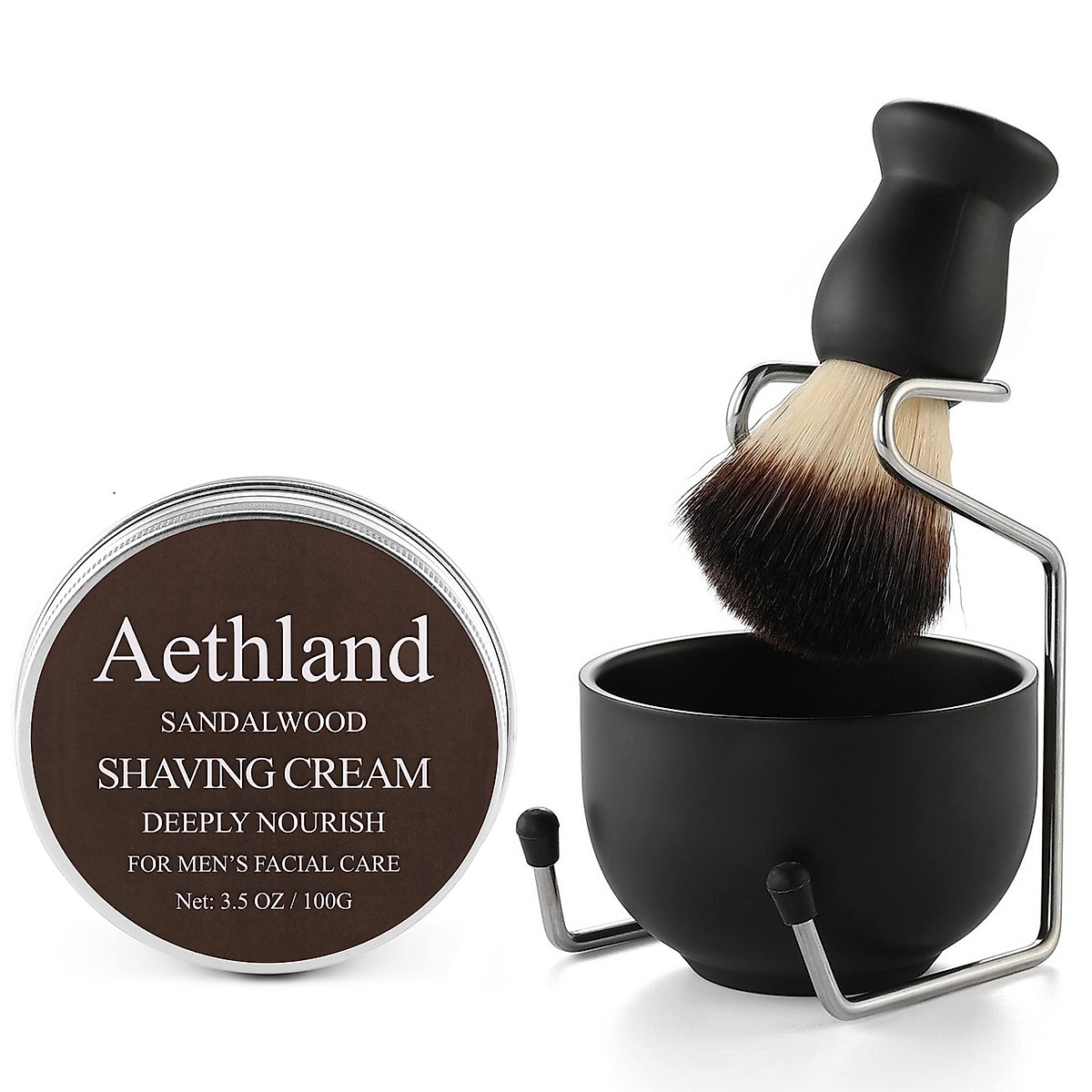 Aethland Shaving Brush Set for Men Fathers Day Gift, Include 100g Shaving soap, Hair Shaving Brush with Solid Wood Handle, and Dia 3.1 inches Stainless Steel Shaving Bowl, Shaving Stand Wet Shaving