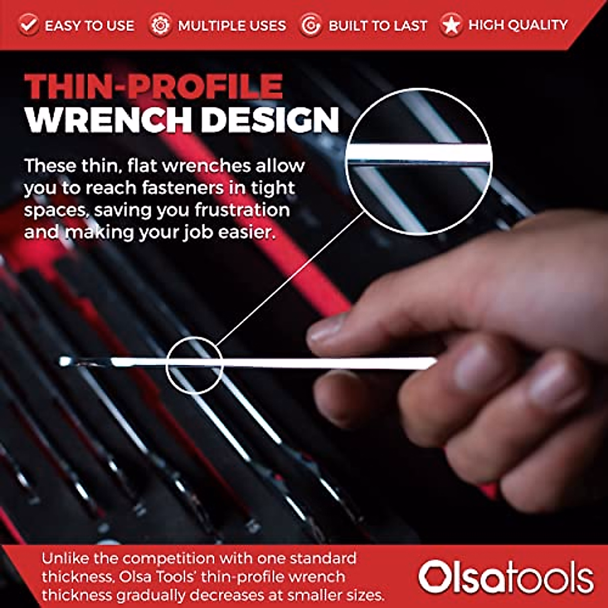 Olsa Tools Super-Thin Open End Wrench Set, Metric, Professional Grade, 7-Piece, Including 6mm to 19mm, Slim Spanner Wrench Set with EVA Foam Organizer