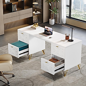 Tribesigns White and Gold Desk with Drawers, 59'' Modern Computer Desk with File Drawers, Work Desk with Storage, Simple Wood Desk with Gold Legs, Large Workstation for Home Office