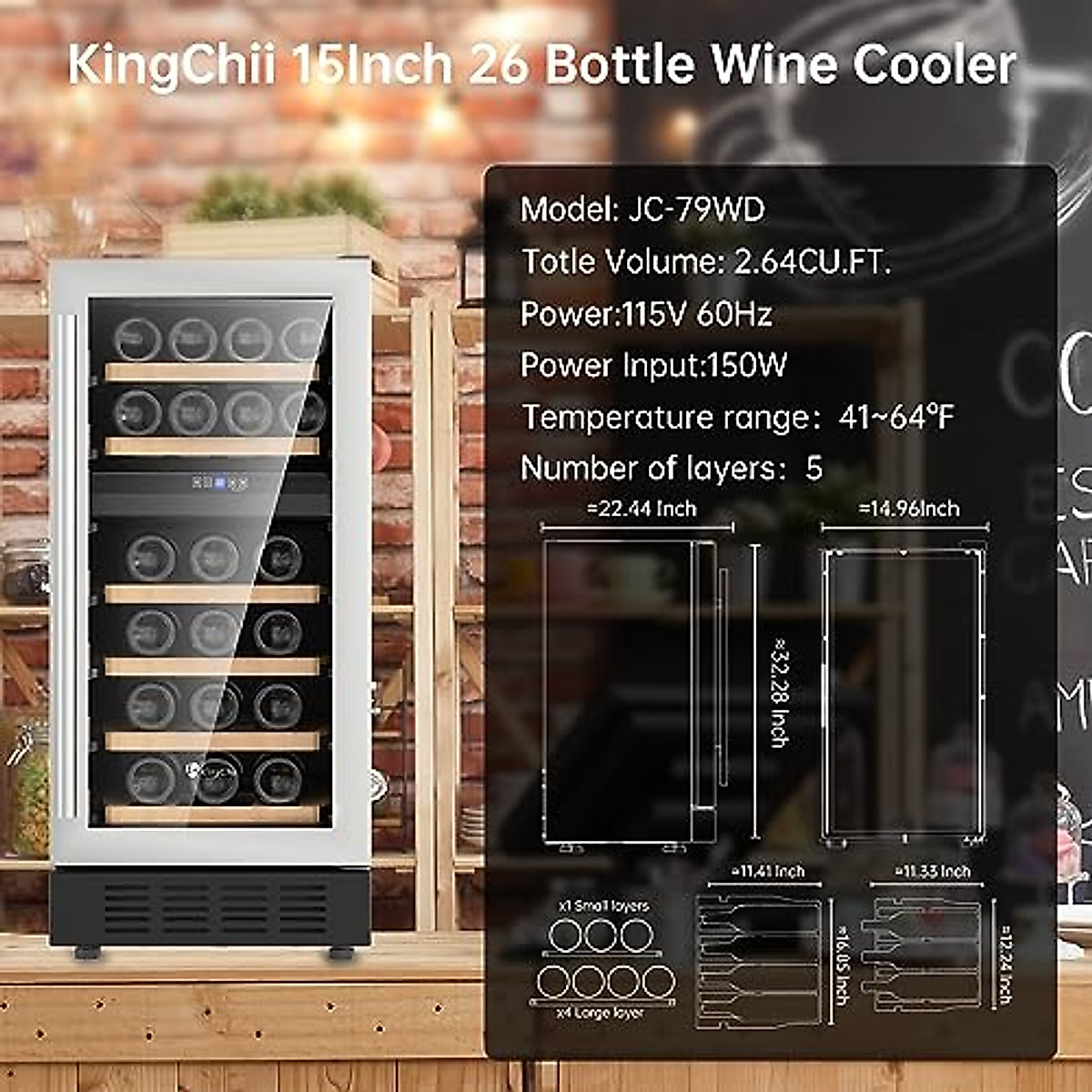 KingChii 15 Inch 26 Bottle Dual Zone Wine Cooler Refrigerator Professional Compressor, Stainless Steel & Tempered Glass For Red Wine, Champagne - Built-in or Freestanding for Home, Kitchen, or Office