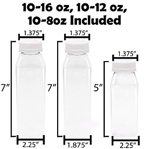 30 Pack of Empty Bottles, Plastic Bottles with Lids, Includes 10 Each Of 8 oz Bottles, 12 oz Bottles, and 16 oz Bottles, Plastic Milk Bottles With Tamper Proof Bottle Caps Lids Great Juice Bottles