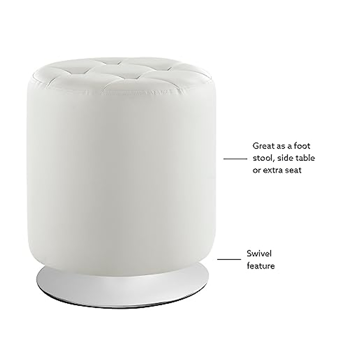 Linon White Sikes Faux Leather Tufted Swivel Ottoman with Chrome Base