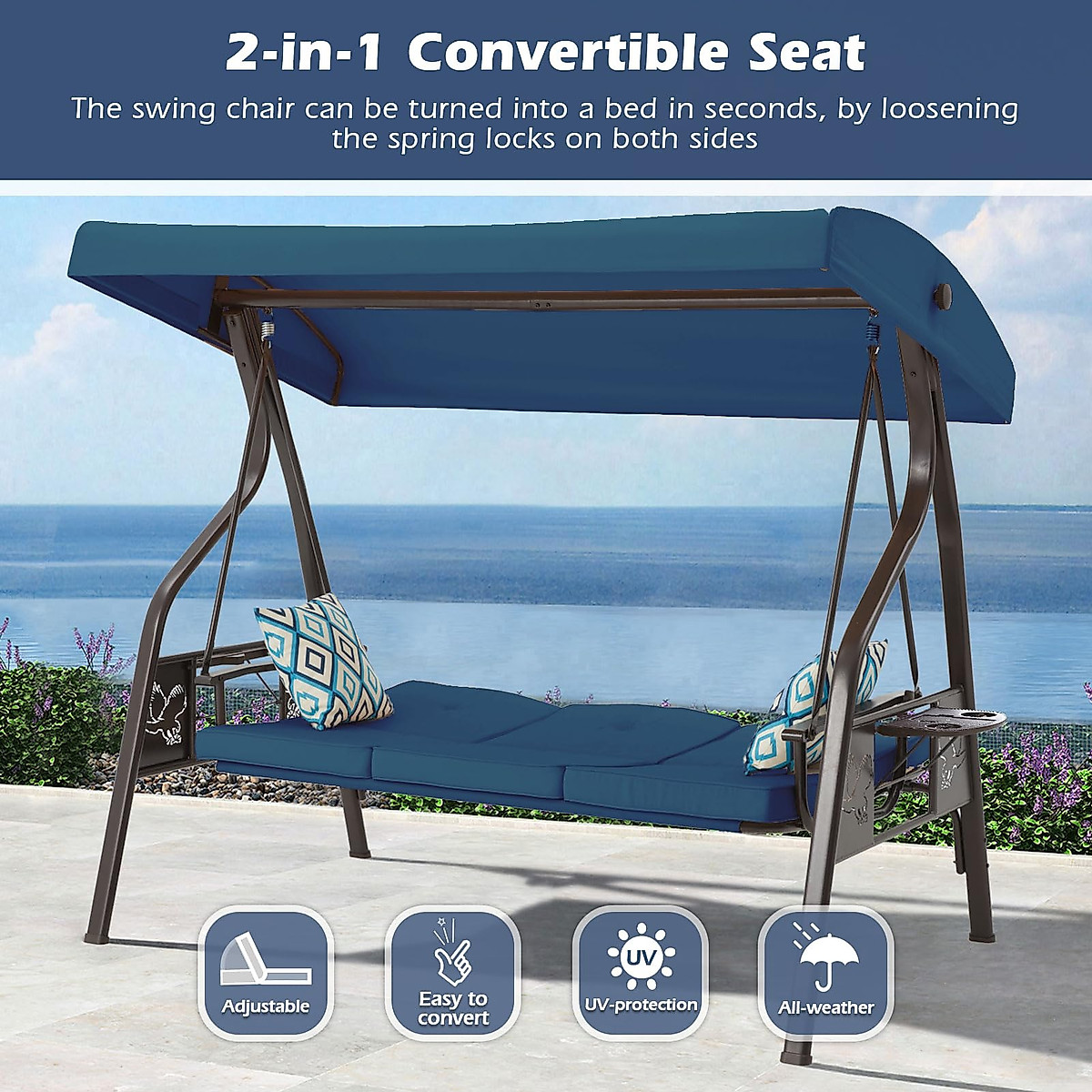 ZZW 3-Seat Outdoor Porch Swing with Stand, Patio Swing with Canopy, 2 in 1 Porch Swing Bed & Patio Swing Chair for Adult, Yard Swing w/Extra Pillows and Cup Holder (Blue)