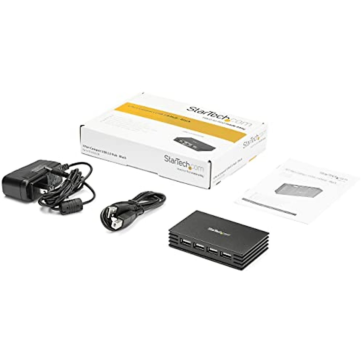 StarTech.com 4 Port Compact Black USB 2.0 Hub - Bus-powered or with Included Power Adapter - Portable Mac/PC laptop hub, TAA (ST4202USB)