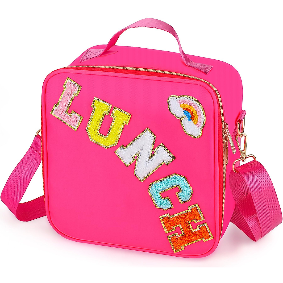 URSKYTOUS Insulated Lunch Bag for Women Girl Kid Teen Preppy Large Thermal Freezable Lunch Box Cute Hot Pink Big Reusable Kawaii Waterproof Lunch Tote Cooler Bag with Chenille Letter for School Office