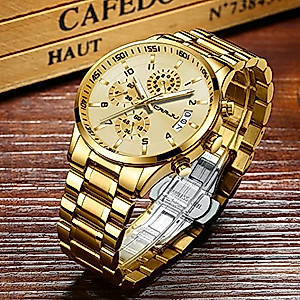 CRRJU Men's Golden Watches Luxury Business Waterproof Calendar Quartz Watches for Men Chronograph Stainless Steel Band Wristwatches