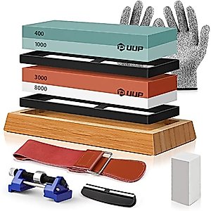 9PCS Knife Sharpening Stones, UUP Whetstone Sharpener Kit with Premium 4 Sides 400/1000 3000/8000 Grit Wet Stone Set, Leather Strop, Angle Guide, Flattening Stone, Gloves, Honing Guide for Knives
