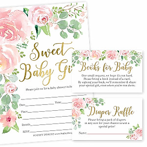 25 Floral Sweet Baby Shower Invitations, 25 Book Request Baby Shower Guest Book Alternative, 25 Baby Shower Diaper Raffle Tickets For Baby Shower Girl, Watercolor Blank Card, Diaper Raffle Cards