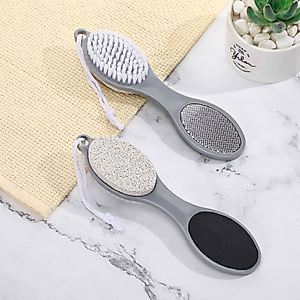 2 Pieces 4 in 1 Pedicure Tool Foot Scrubber Brush Foot File Callus Remover with Foot Rasp, Pumice Stone, Nail Cleaning Brush and Sand Paper for Dry and Wet Foot Care Dead Skin Remover (Gray)