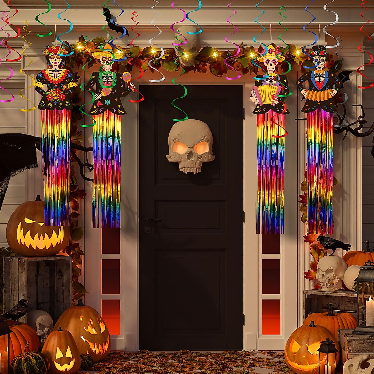 MotiMind 29 Pcs Day of The Dead Decorations Sugar Skull Hanging Swirl Decorations Sugar Skull Banner Sugar Skull Hanging Decor with LED String Lights for Dia De Los Muertos Fiesta Party Supplies