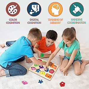 NUGZIX Wood Toddler Puzzles Ages 1-3 First Shapes Jumbo Knob Wooden Peg Puzzles for Baby Montessori Educational Learning Puzzle Geometric Shape Sorting Toy