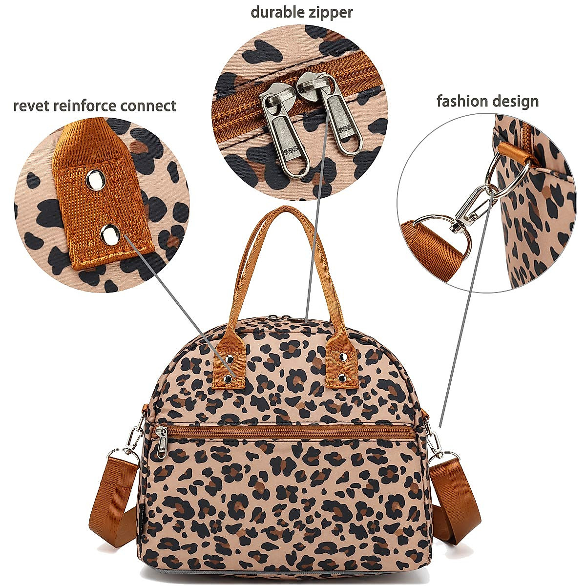 FlowFly Insulated Lunch Bag With Shoulder Strap for Women, Men, and Kids, Large and Reusable, Handle, Freezable Work and School Travel Tote and Meal Prep Organizer,Leapard